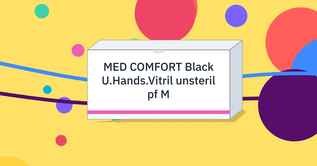 Symbolbild: Packung mit der Aufschrift MED COMFORT Black U.Hands.Vitril unsteril pf M (PZN 17173437) – Verfügbarkeit und Bezug in Apotheken in Frankfurt am Main