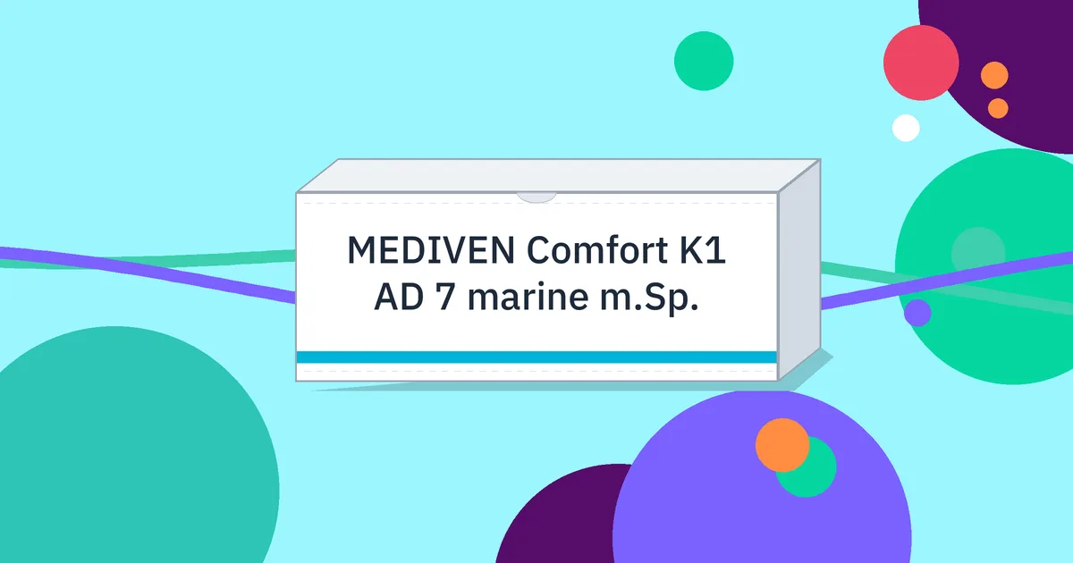 Symbolbild: Packung mit der Aufschrift MEDIVEN Comfort K1 AD 7 marine m.Sp. (PZN 14559768) – Verfügbarkeit und Bezug in Apotheken in Frankfurt am Main