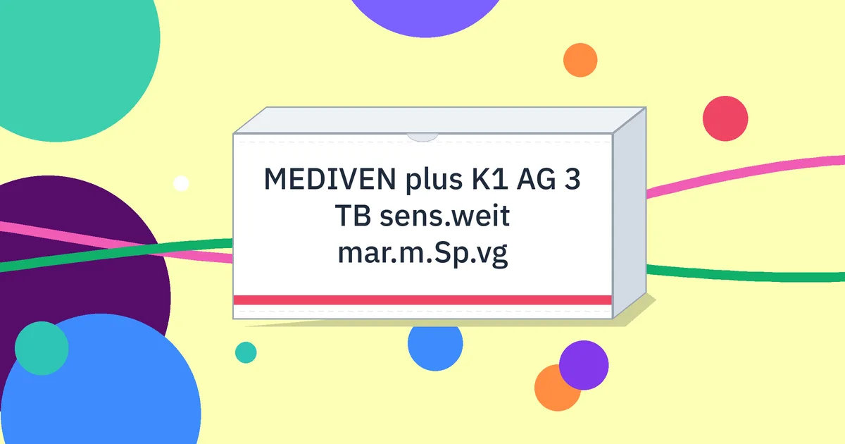 Symbolbild: Packung mit der Aufschrift MEDIVEN plus K1 AG 3 TB sens.weit mar.m.Sp.vg (PZN 15064690) – Verfügbarkeit und Bezug in Apotheken in Frankfurt am Main