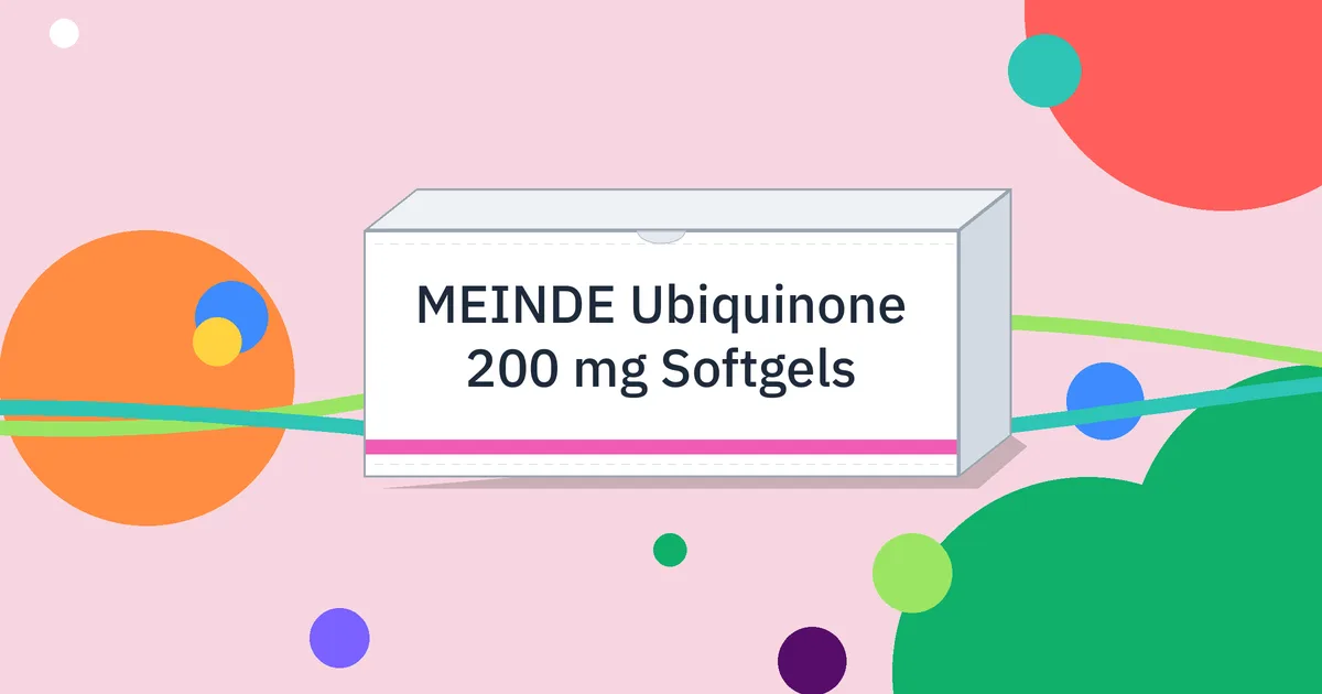 Symbolbild: Packung mit der Aufschrift MEINDE Ubiquinone 200 mg Softgels (PZN 20104055) – Verfügbarkeit und Bezug in Apotheken in Frankfurt am Main