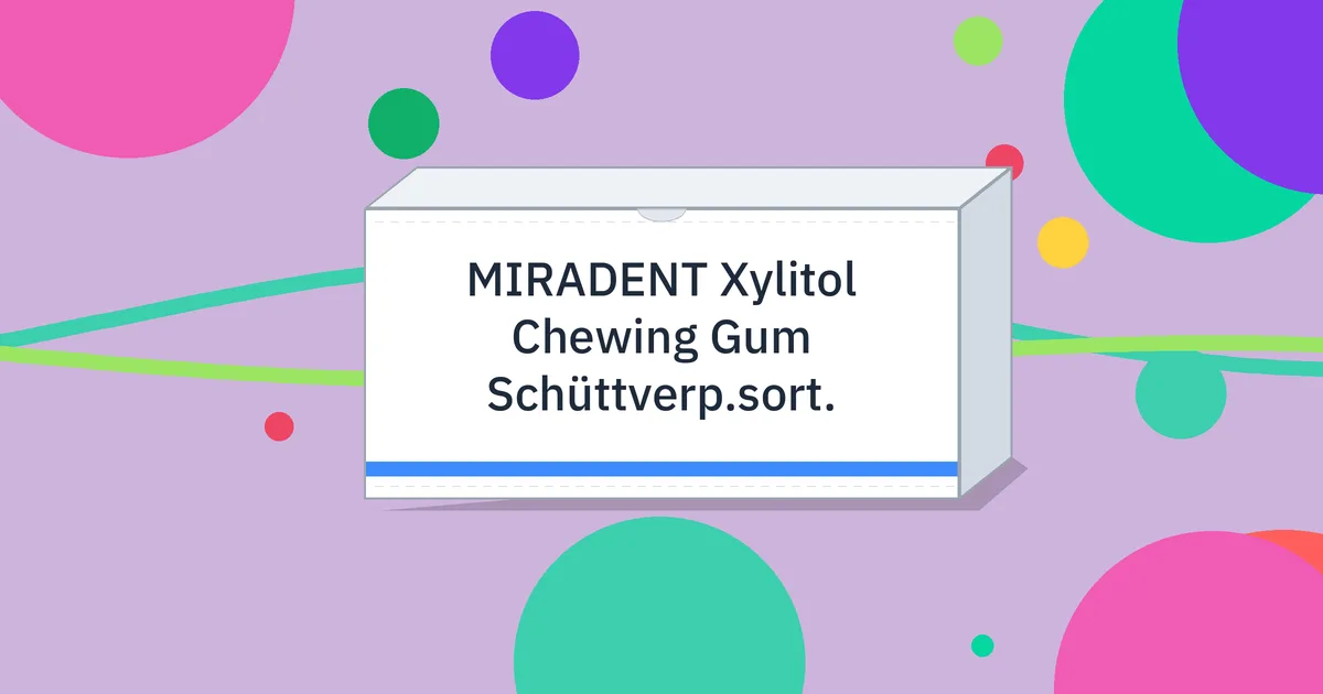 Symbolbild: Packung mit der Aufschrift MIRADENT Xylitol Chewing Gum Schüttverp.sort. (PZN 02511650) – Verfügbarkeit und Bezug in Apotheken in Frankfurt am Main