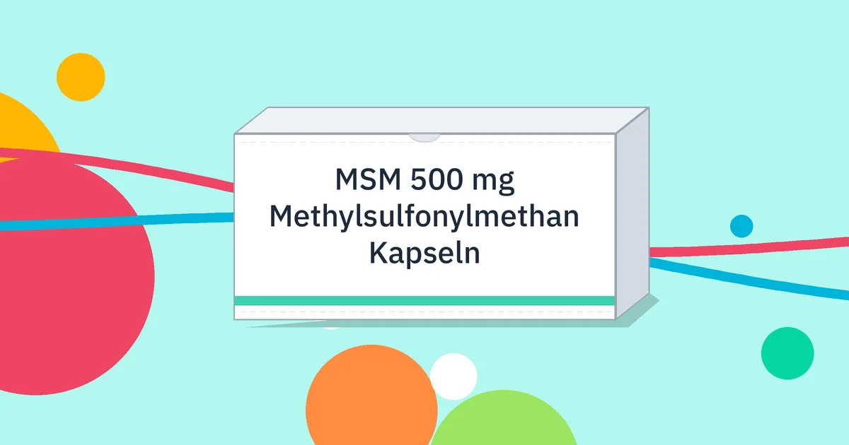 Symbolbild: Packung mit der Aufschrift MSM 500 mg Methylsulfonylmethan Kapseln (PZN 05987815) – Verfügbarkeit und Bezug in Apotheken in Frankfurt am Main