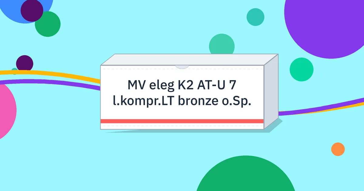 Symbolbild: Packung mit der Aufschrift MV eleg K2 AT-U 7 l.kompr.LT bronze o.Sp. (PZN 15289443) – Verfügbarkeit und Bezug in Apotheken in Frankfurt am Main