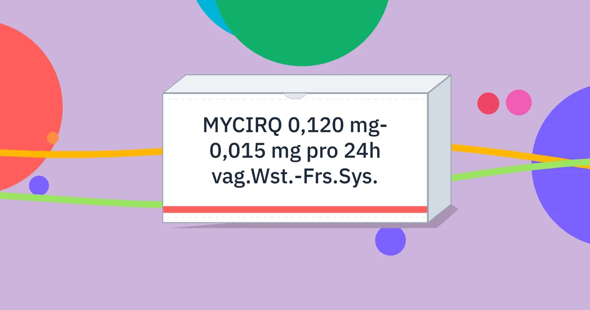 Symbolbild: Packung mit der Aufschrift MYCIRQ 0,120 mg-0,015 mg pro 24h vag.Wst.-Frs.Sys. (PZN 16139786) – Verfügbarkeit und Bezug in Apotheken in Frankfurt am Main