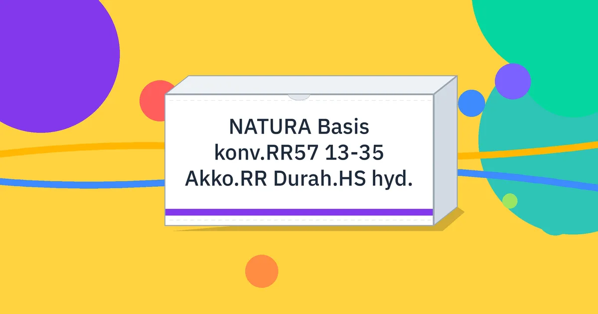 Symbolbild: Packung mit der Aufschrift NATURA Basis konv.RR57 13-35 Akko.RR Durah.HS hyd. (PZN 12202832) – Verfügbarkeit und Bezug in Apotheken in Frankfurt am Main