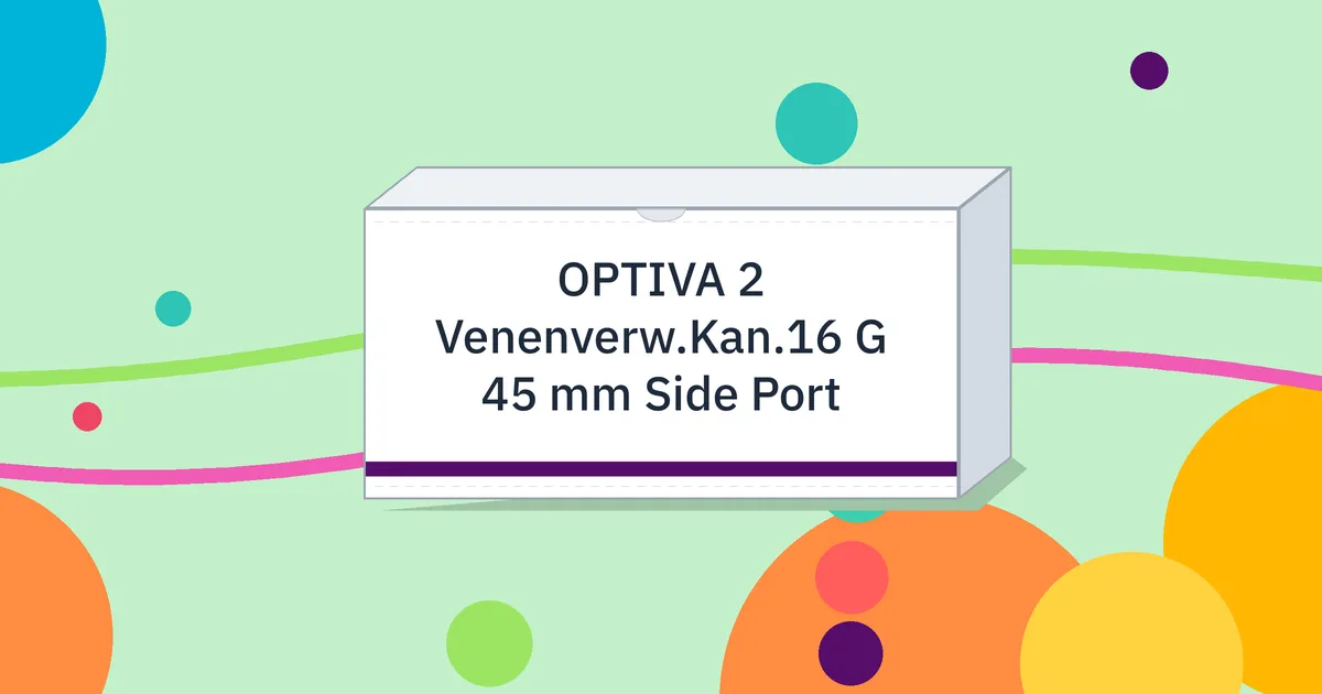 Symbolbild: Packung mit der Aufschrift OPTIVA 2 Venenverw.Kan.16 G 45 mm Side Port (PZN 09105775) – Verfügbarkeit und Bezug in Apotheken in Frankfurt am Main