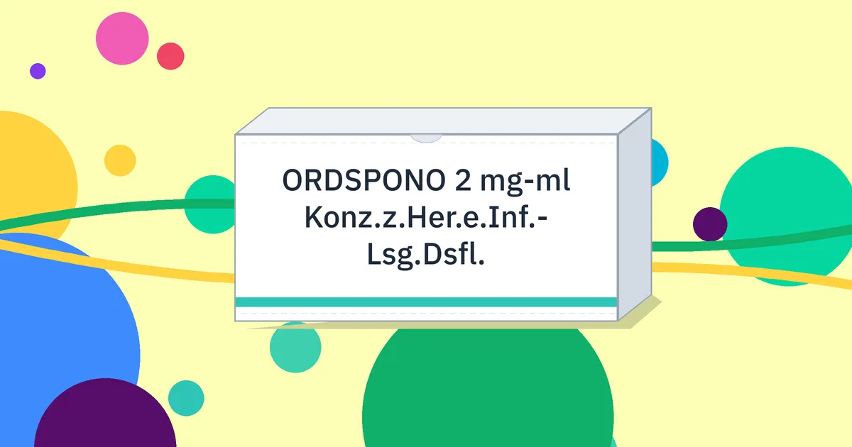 Symbolbild: Packung mit der Aufschrift ORDSPONO 2 mg-ml Konz.z.Her.e.Inf.-Lsg.Dsfl. (PZN 19481841) – Verfügbarkeit und Bezug in Apotheken in Frankfurt am Main