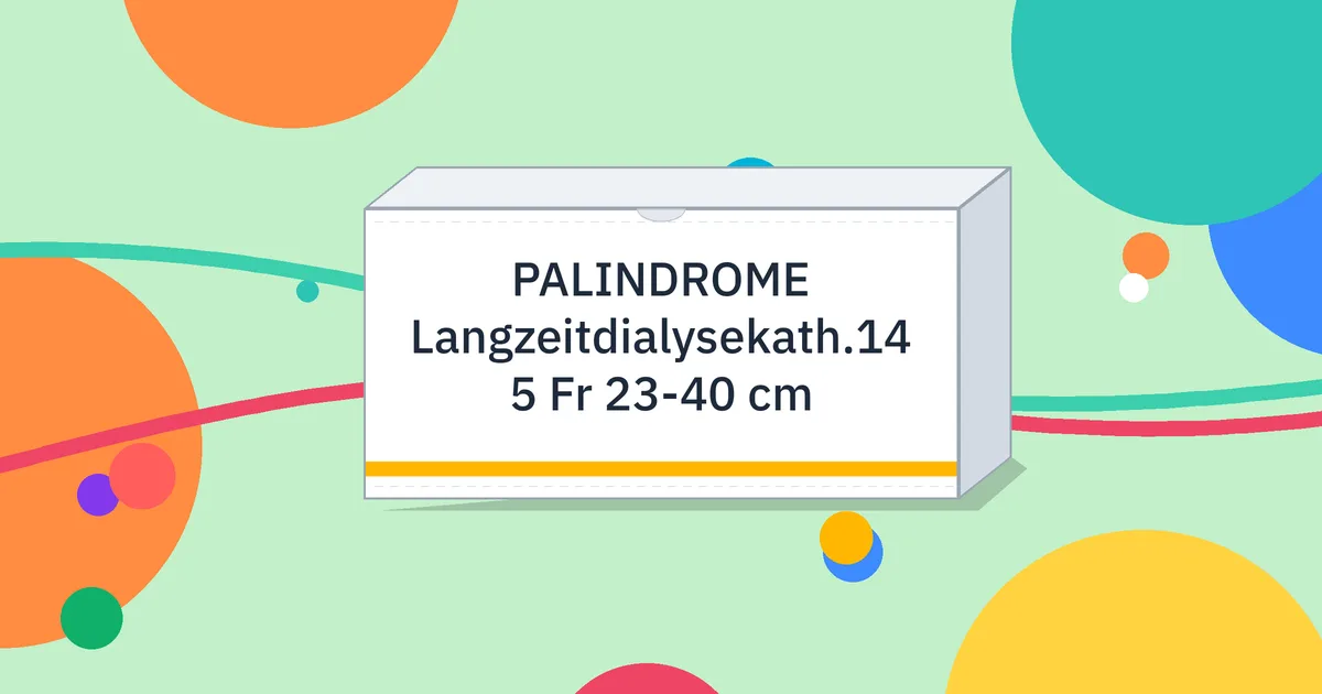 Symbolbild: Packung mit der Aufschrift PALINDROME Langzeitdialysekath.14 5 Fr 23-40 cm (PZN 00154588) – Verfügbarkeit und Bezug in Apotheken in Frankfurt am Main