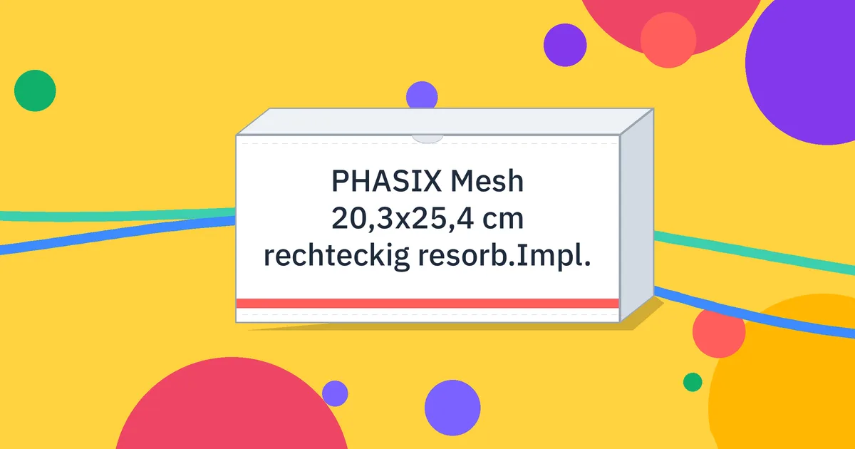 Symbolbild: Packung mit der Aufschrift PHASIX Mesh 20,3x25,4 cm rechteckig resorb.Impl. (PZN 11228278) – Verfügbarkeit und Bezug in Apotheken in Frankfurt am Main