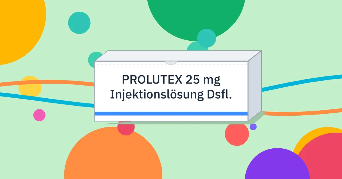 Symbolbild: Packung mit der Aufschrift PROLUTEX 25 mg Injektionslösung Dsfl. (PZN 19168162) – Verfügbarkeit und Bezug in Apotheken in Frankfurt am Main