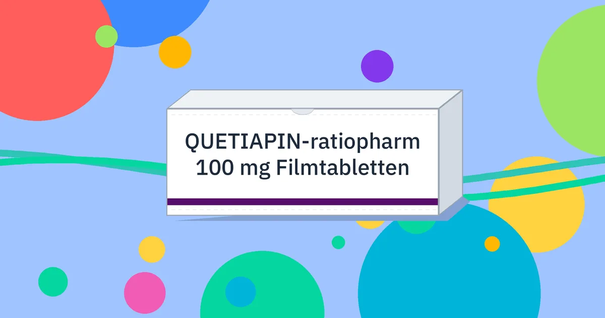 Symbolbild: Packung mit der Aufschrift QUETIAPIN-ratiopharm 100 mg Filmtabletten (PZN 09252476) – Verfügbarkeit und Bezug in Apotheken in Frankfurt am Main