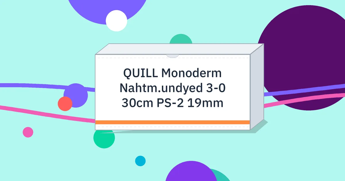 Symbolbild: Packung mit der Aufschrift QUILL Monoderm Nahtm.undyed 3-0 30cm PS-2 19mm (PZN 17988004) – Verfügbarkeit und Bezug in Apotheken in Frankfurt am Main