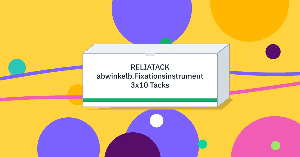 Symbolbild: Packung mit der Aufschrift RELIATACK abwinkelb.Fixationsinstrument 3x10 Tacks (PZN 12571742) – Verfügbarkeit und Bezug in Apotheken in Frankfurt am Main