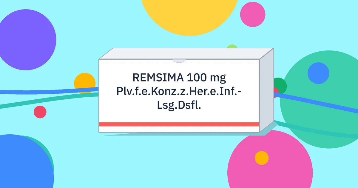Symbolbild: Packung mit der Aufschrift REMSIMA 100 mg Plv.f.e.Konz.z.Her.e.Inf.-Lsg.Dsfl. (PZN 11174186) – Verfügbarkeit und Bezug in Apotheken in Frankfurt am Main