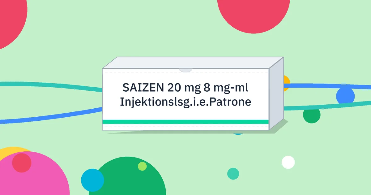Symbolbild: Packung mit der Aufschrift SAIZEN 20 mg 8 mg-ml Injektionslsg.i.e.Patrone (PZN 10541518) – Verfügbarkeit und Bezug in Apotheken in Frankfurt am Main