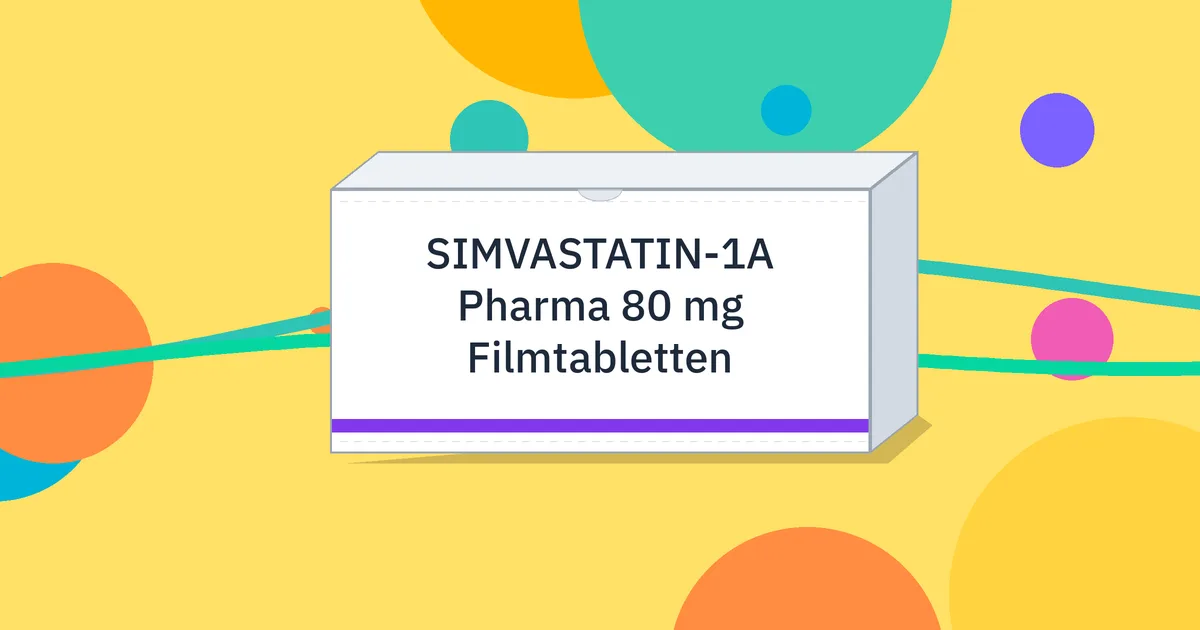 Symbolbild: Packung mit der Aufschrift SIMVASTATIN-1A Pharma 80 mg Filmtabletten (PZN 02918297) – Verfügbarkeit und Bezug in Apotheken in Frankfurt am Main