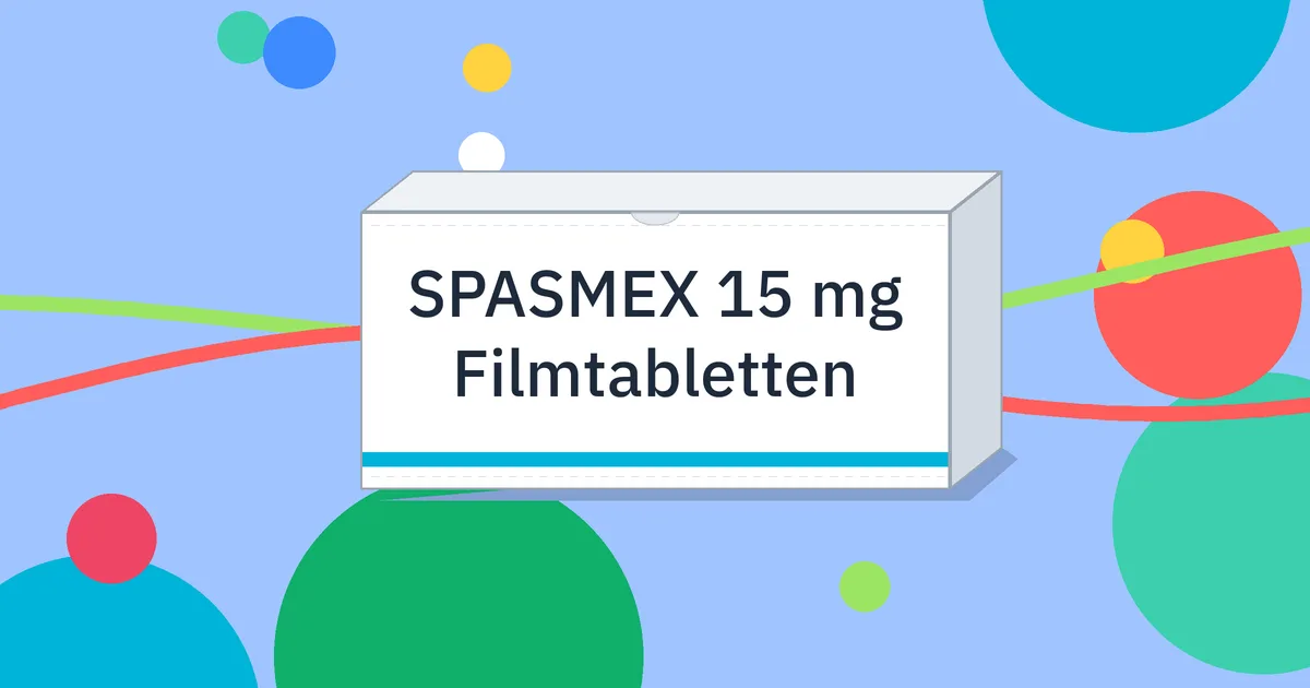 Symbolbild: Packung mit der Aufschrift SPASMEX 15 mg Filmtabletten (PZN 18444298) – Verfügbarkeit und Bezug in Apotheken in Frankfurt am Main