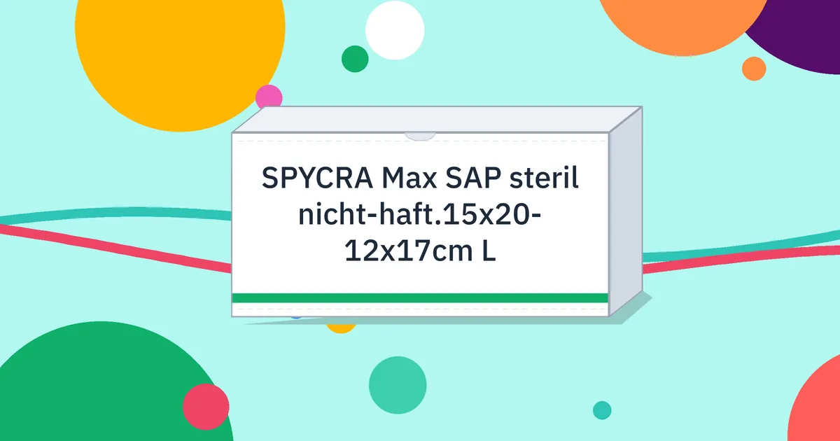 Symbolbild: Packung mit der Aufschrift SPYCRA Max SAP steril nicht-haft.15x20-12x17cm L (PZN 18409066) – Verfügbarkeit und Bezug in Apotheken in Frankfurt am Main