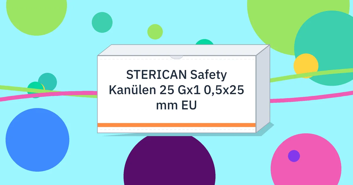 Symbolbild: Packung mit der Aufschrift STERICAN Safety Kanülen 25 Gx1 0,5x25 mm EU (PZN 13353763) – Verfügbarkeit und Bezug in Apotheken in Frankfurt am Main