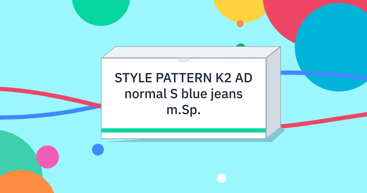 Symbolbild: Packung mit der Aufschrift STYLE PATTERN K2 AD normal S blue jeans m.Sp. (PZN 19694695) – Verfügbarkeit und Bezug in Apotheken in Frankfurt am Main