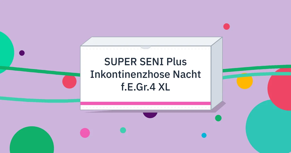 Symbolbild: Packung mit der Aufschrift SUPER SENI Plus Inkontinenzhose Nacht f.E.Gr.4 XL (PZN 12664596) – Verfügbarkeit und Bezug in Apotheken in Frankfurt am Main