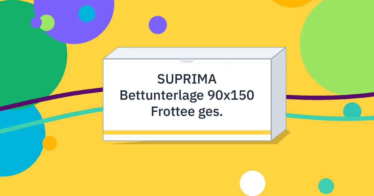Symbolbild: Packung mit der Aufschrift SUPRIMA Bettunterlage 90x150 Frottee ges. (PZN 03813040) – Verfügbarkeit und Bezug in Apotheken in Frankfurt am Main