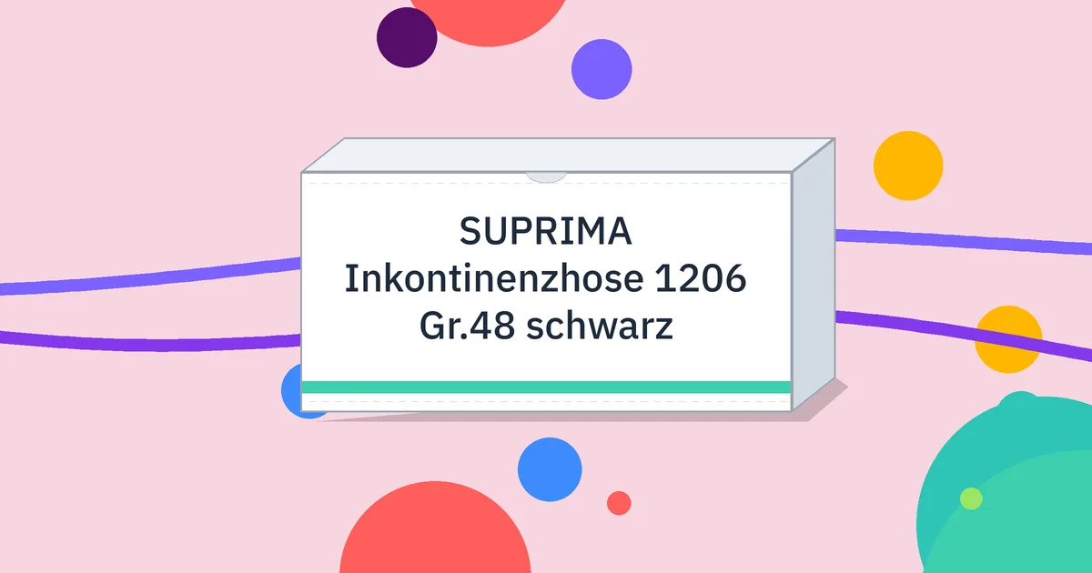 Symbolbild: Packung mit der Aufschrift SUPRIMA Inkontinenzhose 1206 Gr.48 schwarz (PZN 01514238) – Verfügbarkeit und Bezug in Apotheken in Frankfurt am Main