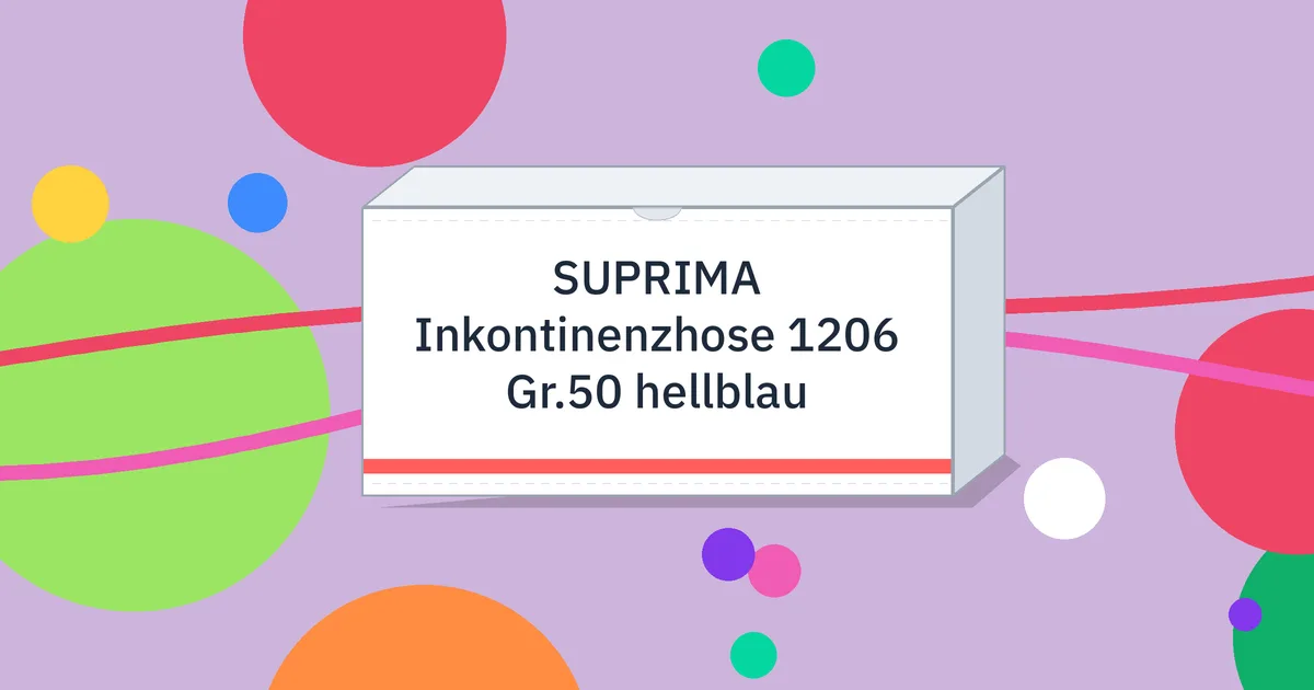 Symbolbild: Packung mit der Aufschrift SUPRIMA Inkontinenzhose 1206 Gr.50 hellblau (PZN 03021876) – Verfügbarkeit und Bezug in Apotheken in Frankfurt am Main