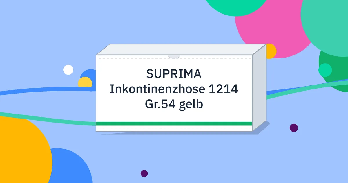 Symbolbild: Packung mit der Aufschrift SUPRIMA Inkontinenzhose 1214 Gr.54 gelb (PZN 02852167) – Verfügbarkeit und Bezug in Apotheken in Frankfurt am Main