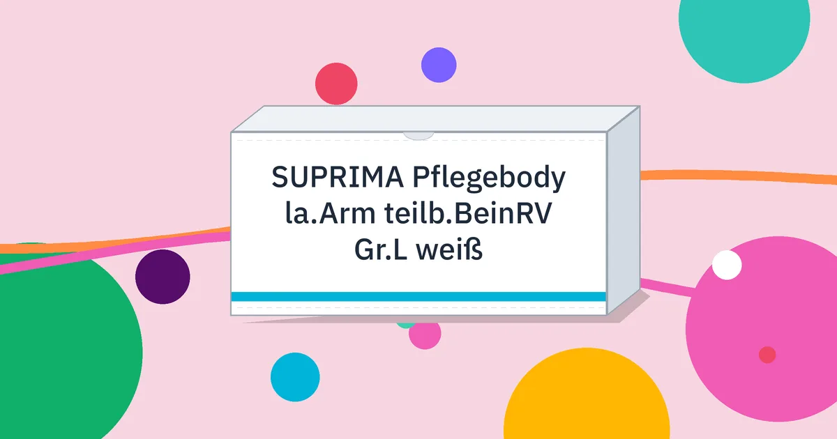 Symbolbild: Packung mit der Aufschrift SUPRIMA Pflegebody la.Arm teilb.BeinRV Gr.L weiß (PZN 09785557) – Verfügbarkeit und Bezug in Apotheken in Frankfurt am Main