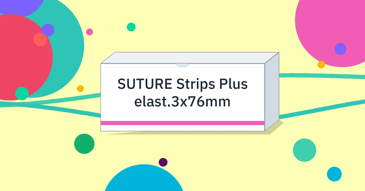Symbolbild: Packung mit der Aufschrift SUTURE Strips Plus elast.3x76mm (PZN 03637198) – Verfügbarkeit und Bezug in Apotheken in Frankfurt am Main
