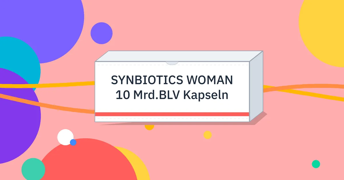 Symbolbild: Packung mit der Aufschrift SYNBIOTICS WOMAN 10 Mrd.BLV Kapseln (PZN 17307754) – Verfügbarkeit und Bezug in Apotheken in Frankfurt am Main