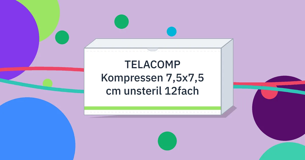 Symbolbild: Packung mit der Aufschrift TELACOMP Kompressen 7,5x7,5 cm unsteril 12fach (PZN 19890137) – Verfügbarkeit und Bezug in Apotheken in Frankfurt am Main