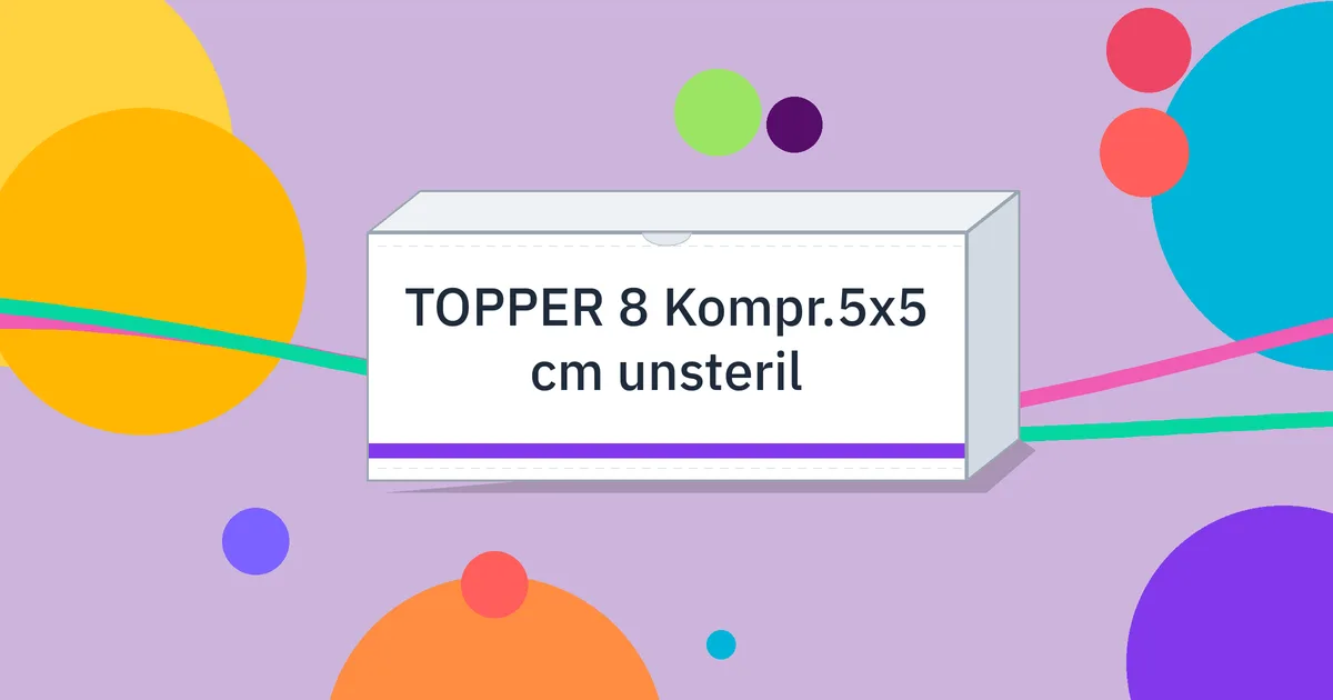 Symbolbild: Packung mit der Aufschrift TOPPER 8 Kompr.5x5 cm unsteril (PZN 11184718) – Verfügbarkeit und Bezug in Apotheken in Frankfurt am Main