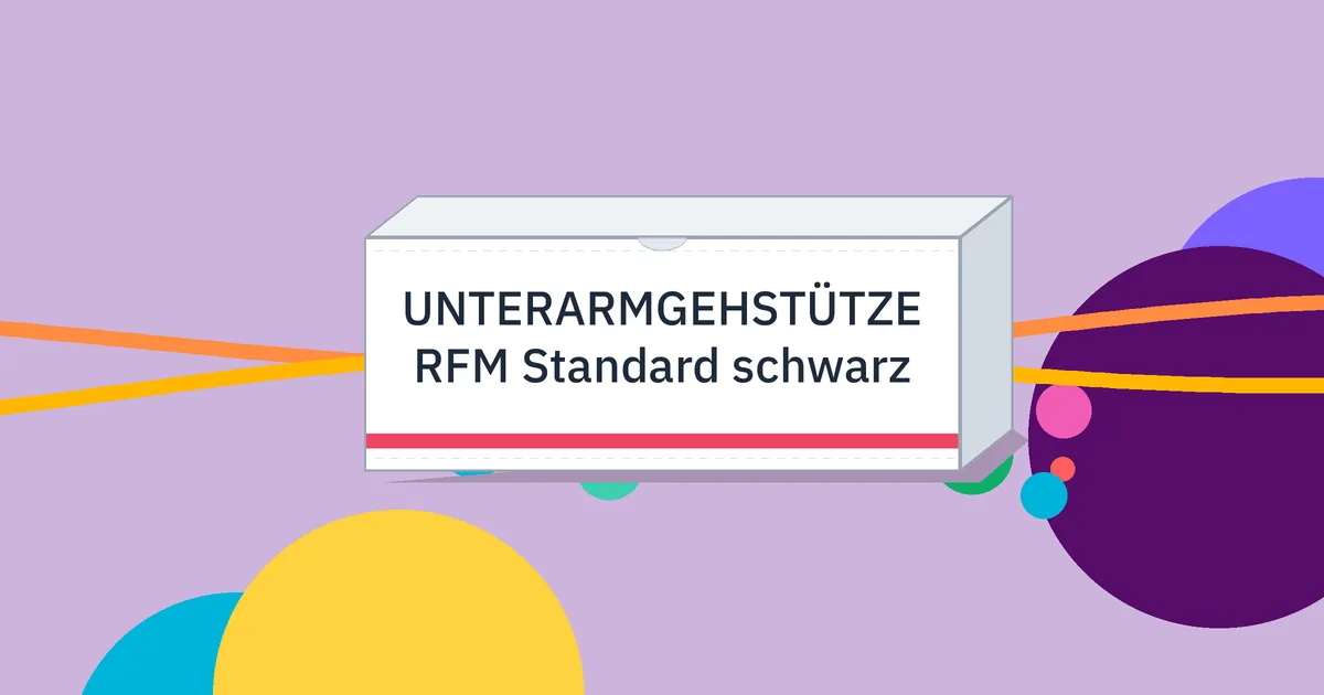 Symbolbild: Packung mit der Aufschrift UNTERARMGEHSTÜTZE RFM Standard schwarz (PZN 20224799) – Verfügbarkeit und Bezug in Apotheken in Frankfurt am Main