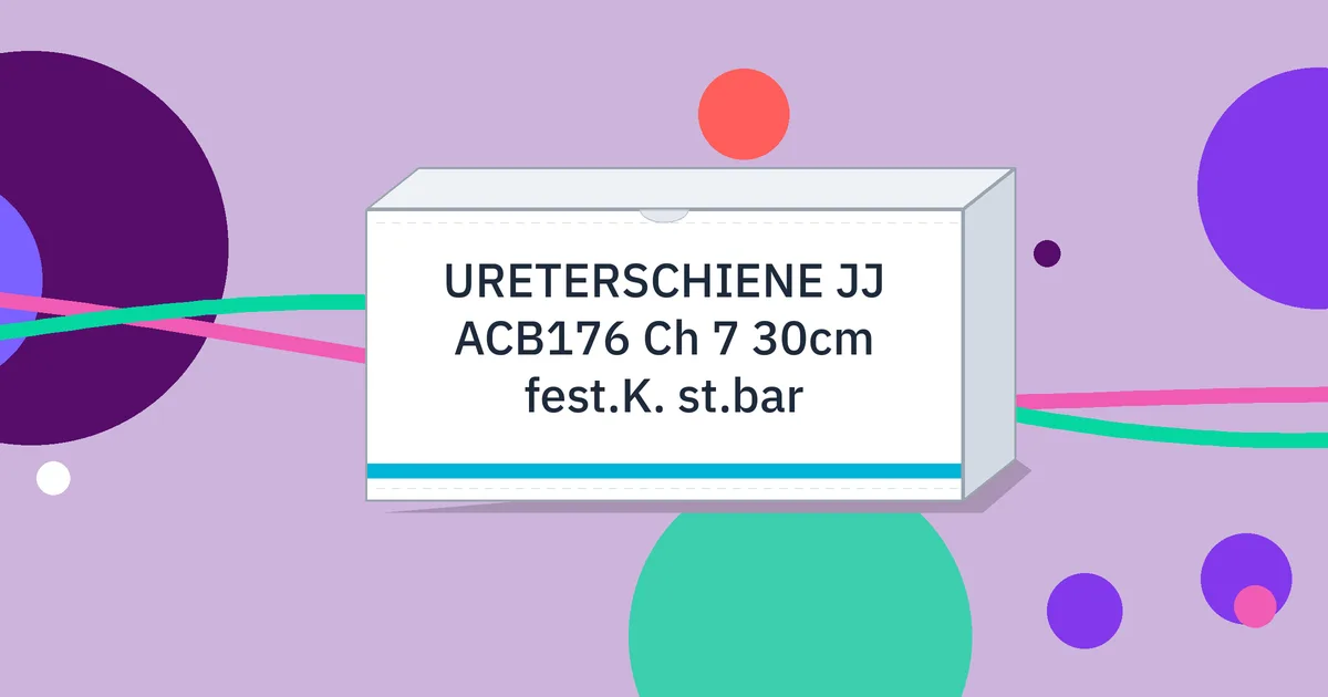 Symbolbild: Packung mit der Aufschrift URETERSCHIENE JJ ACB176 Ch 7 30cm fest.K. st.bar (PZN 00752326) – Verfügbarkeit und Bezug in Apotheken in Frankfurt am Main