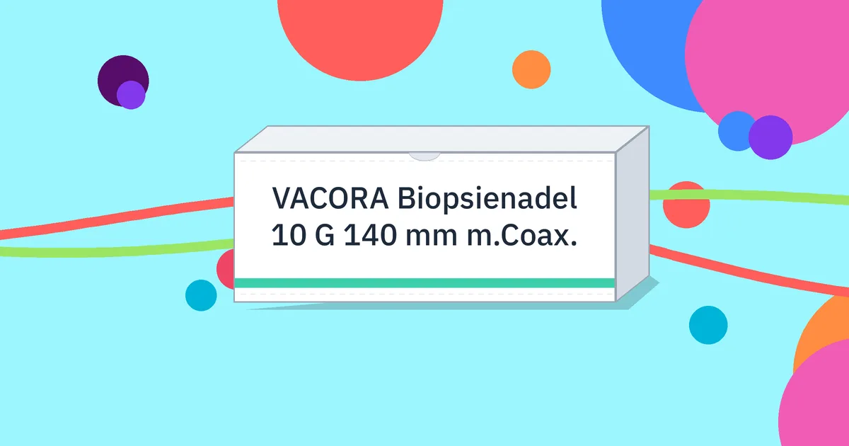 Symbolbild: Packung mit der Aufschrift VACORA Biopsienadel 10 G 140 mm m.Coax. (PZN 03627716) – Verfügbarkeit und Bezug in Apotheken in Frankfurt am Main