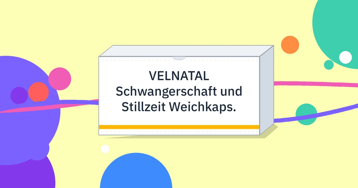 Symbolbild: Packung mit der Aufschrift VELNATAL Schwangerschaft und Stillzeit Weichkaps. (PZN 18683117) – Verfügbarkeit und Bezug in Apotheken in Frankfurt am Main