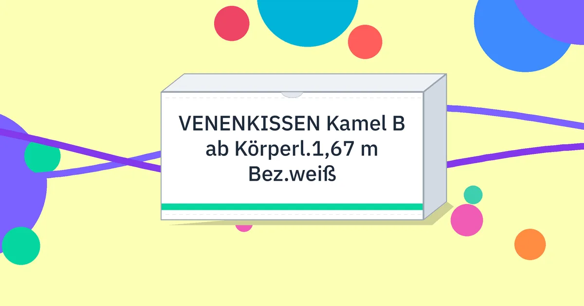 Symbolbild: Packung mit der Aufschrift VENENKISSEN Kamel B ab Körperl.1,67 m Bez.weiß (PZN 00634704) – Verfügbarkeit und Bezug in Apotheken in Frankfurt am Main