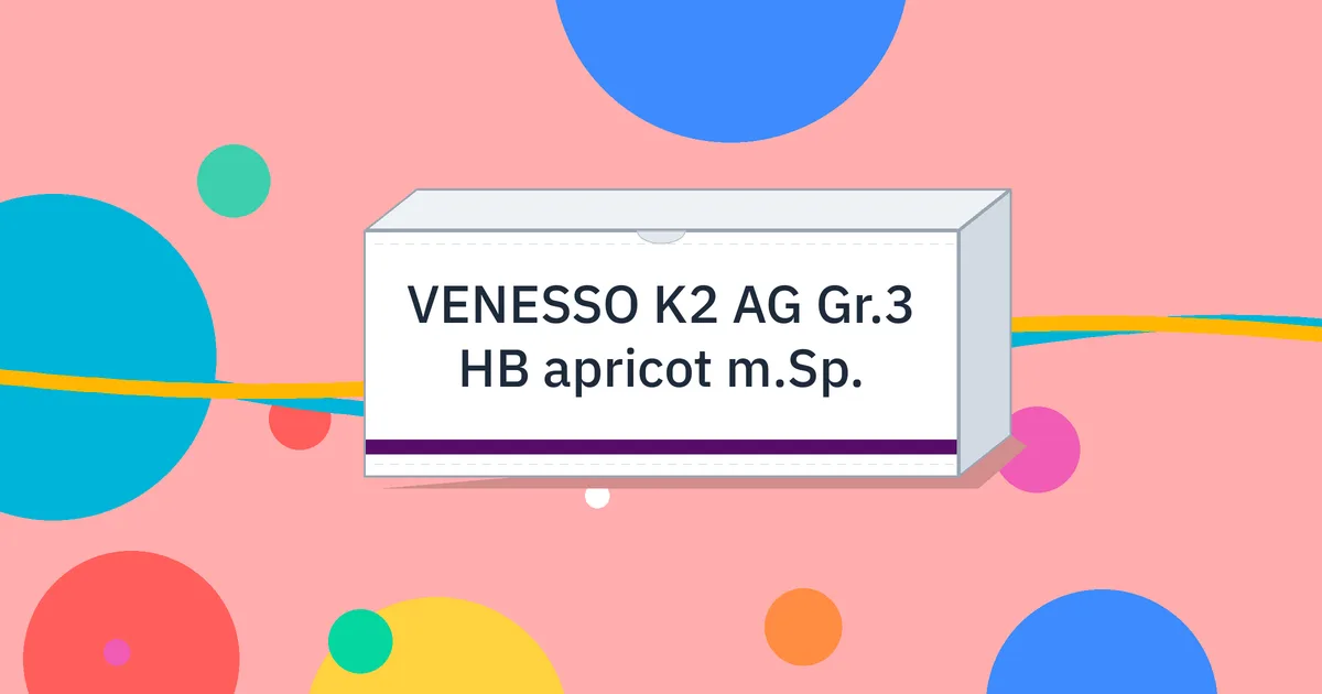 Symbolbild: Packung mit der Aufschrift VENESSO K2 AG Gr.3 HB apricot m.Sp. (PZN 03262953) – Verfügbarkeit und Bezug in Apotheken in Frankfurt am Main