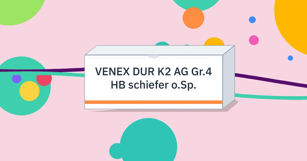 Symbolbild: Packung mit der Aufschrift VENEX DUR K2 AG Gr.4 HB schiefer o.Sp. (PZN 03221285) – Verfügbarkeit und Bezug in Apotheken in Frankfurt am Main