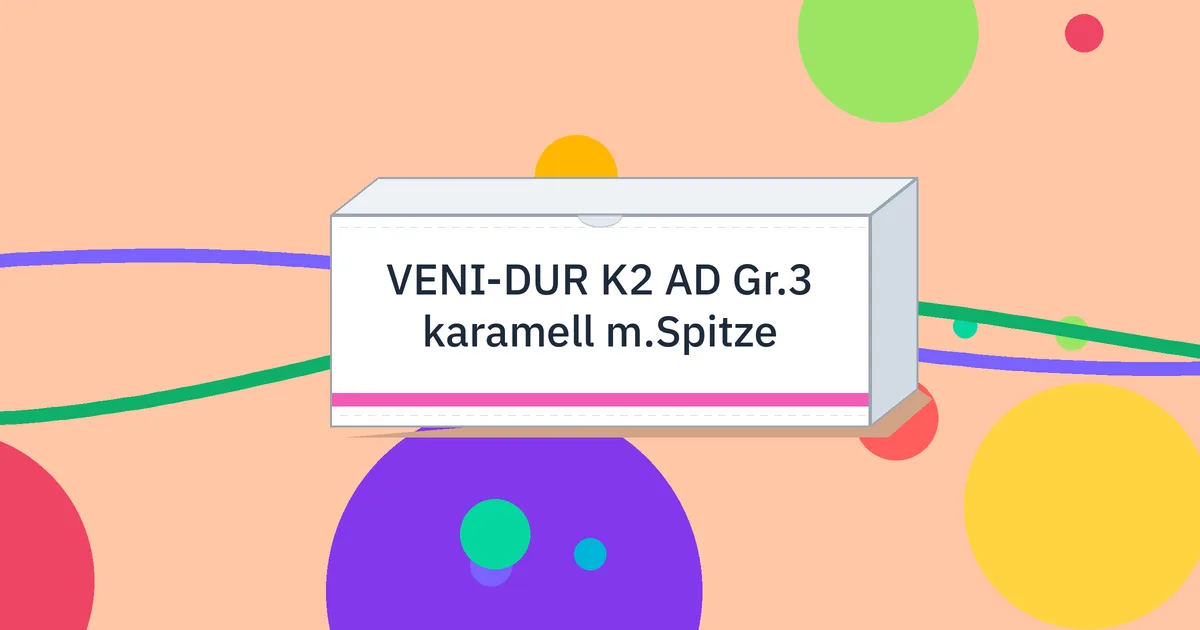 Symbolbild: Packung mit der Aufschrift VENI-DUR K2 AD Gr.3 karamell m.Spitze (PZN 13756194) – Verfügbarkeit und Bezug in Apotheken in Frankfurt am Main