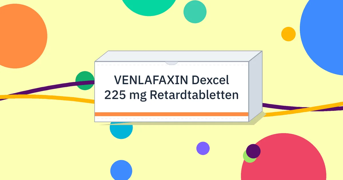 Symbolbild: Packung mit der Aufschrift VENLAFAXIN Dexcel 225 mg Retardtabletten (PZN 09484063) – Verfügbarkeit und Bezug in Apotheken in Frankfurt am Main