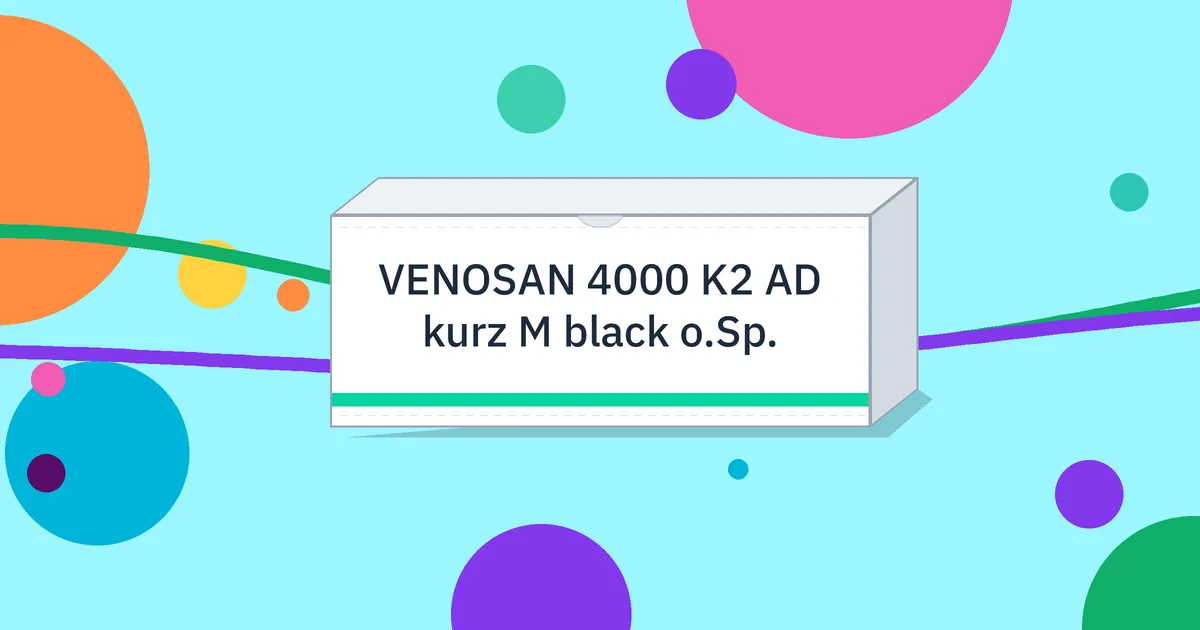 Symbolbild: Packung mit der Aufschrift VENOSAN 4000 K2 AD kurz M black o.Sp. (PZN 14427222) – Verfügbarkeit und Bezug in Apotheken in Frankfurt am Main