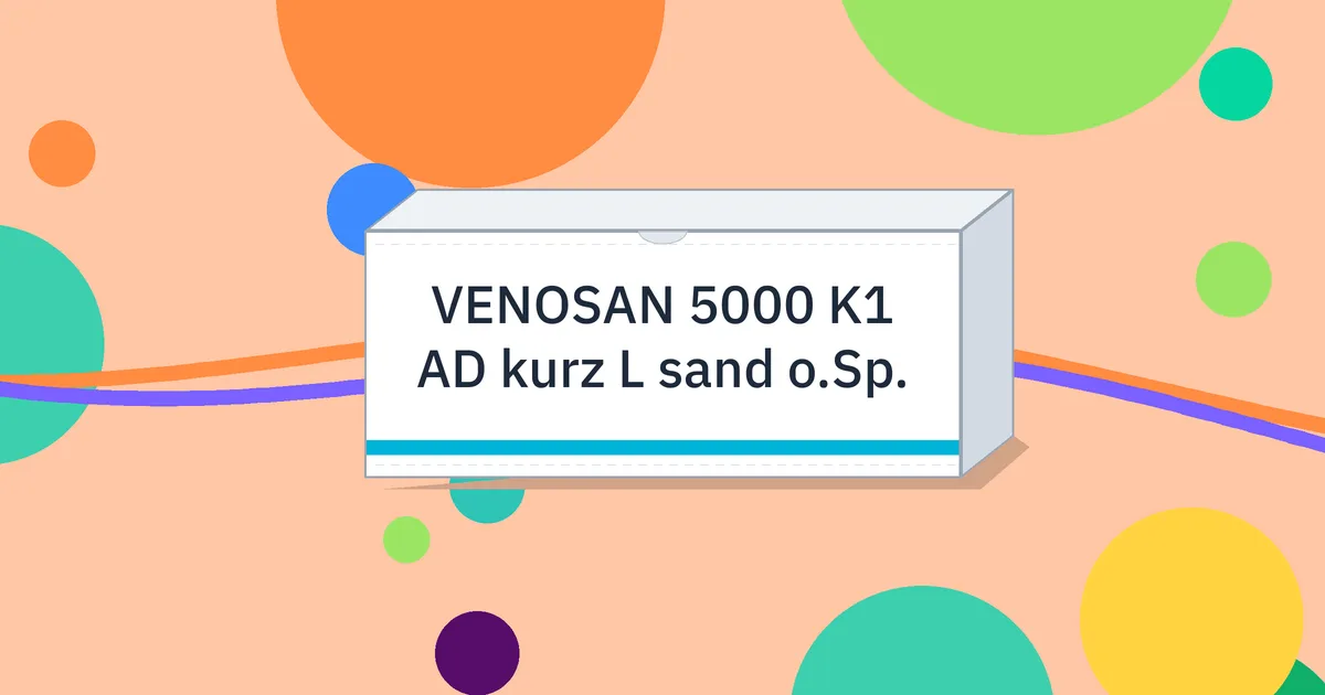 Symbolbild: Packung mit der Aufschrift VENOSAN 5000 K1 AD kurz L sand o.Sp. (PZN 14428109) – Verfügbarkeit und Bezug in Apotheken in Frankfurt am Main