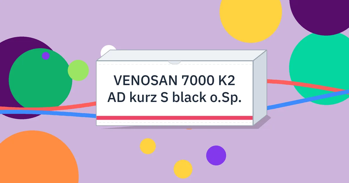 Symbolbild: Packung mit der Aufschrift VENOSAN 7000 K2 AD kurz S black o.Sp. (PZN 14435606) – Verfügbarkeit und Bezug in Apotheken in Frankfurt am Main