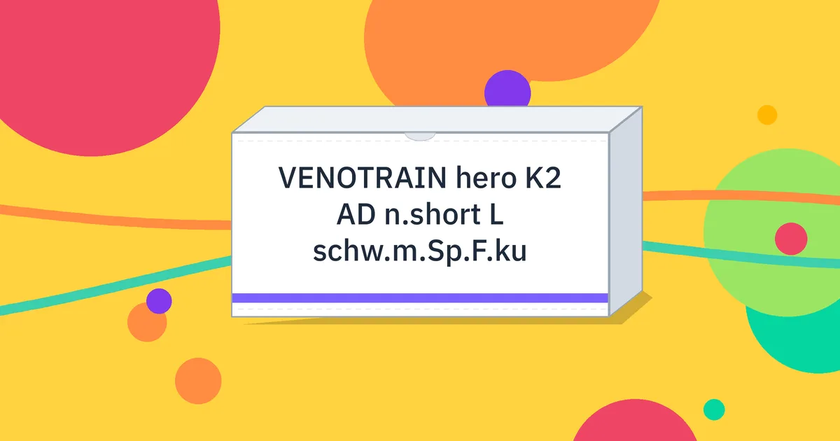 Symbolbild: Packung mit der Aufschrift VENOTRAIN hero K2 AD n.short L schw.m.Sp.F.ku (PZN 19189589) – Verfügbarkeit und Bezug in Apotheken in Frankfurt am Main