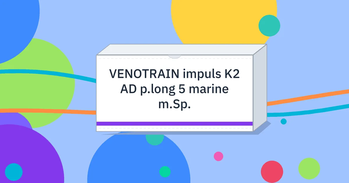 Symbolbild: Packung mit der Aufschrift VENOTRAIN impuls K2 AD p.long 5 marine m.Sp. (PZN 15221304) – Verfügbarkeit und Bezug in Apotheken in Frankfurt am Main