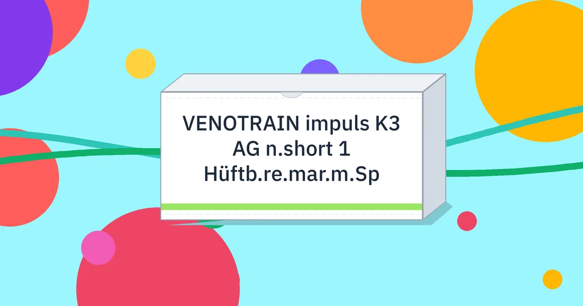 Symbolbild: Packung mit der Aufschrift VENOTRAIN impuls K3 AG n.short 1 Hüftb.re.mar.m.Sp (PZN 15217521) – Verfügbarkeit und Bezug in Apotheken in Frankfurt am Main
