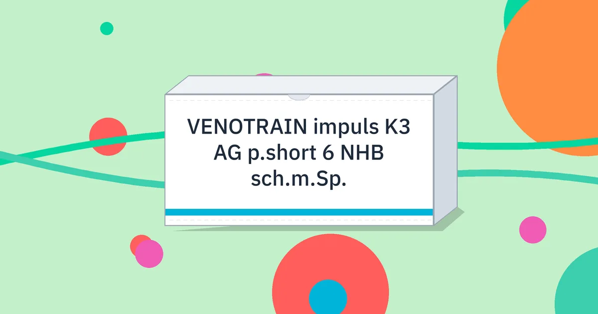 Symbolbild: Packung mit der Aufschrift VENOTRAIN impuls K3 AG p.short 6 NHB sch.m.Sp. (PZN 00530040) – Verfügbarkeit und Bezug in Apotheken in Frankfurt am Main